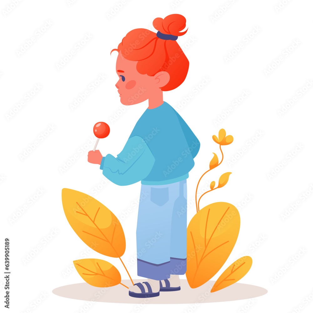 Vector illustration with a little girl holding a lollipop on a stick ...