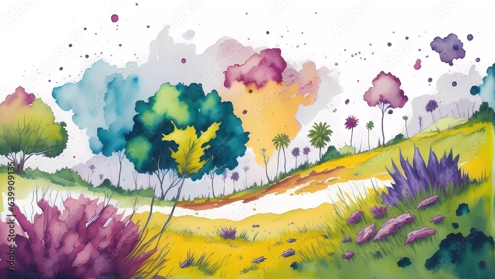 Fondo de Naturaleza en Color: Ilustración de Arte en Acuarela y Tinta ...