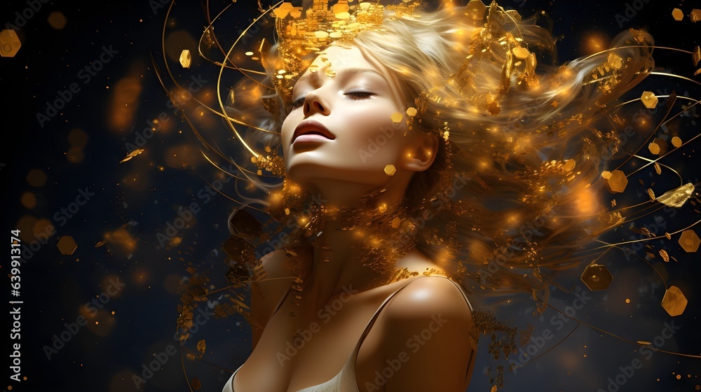 Gold Woman skin. Beauty fashion model girl with Golden make up, hair ...