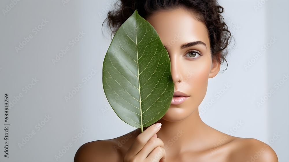 Young beautiful woman with green leave near face and body. Skin care ...