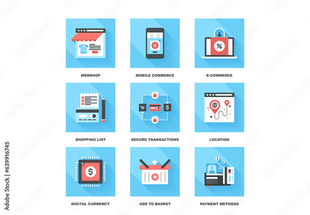 Vector set of flat digital commerce icons on following themes - webshop ...