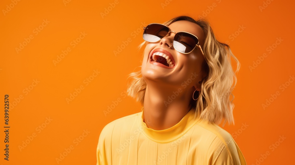 Blond young happy and funny woman laughing wearing 80s fashion in ...