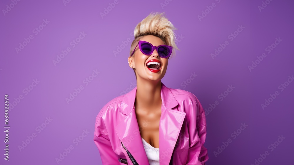 Blond young happy and funny woman laughing wearing 80s fashion in ...