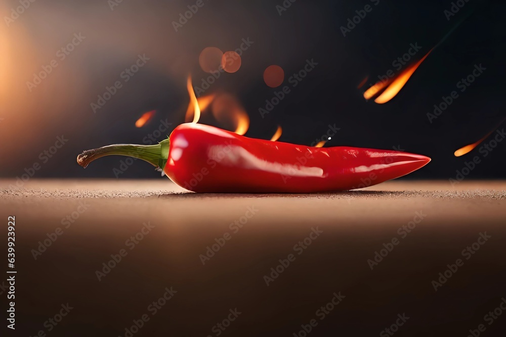 red chili pepper on fire isolated at dark background, generative Ai art ...