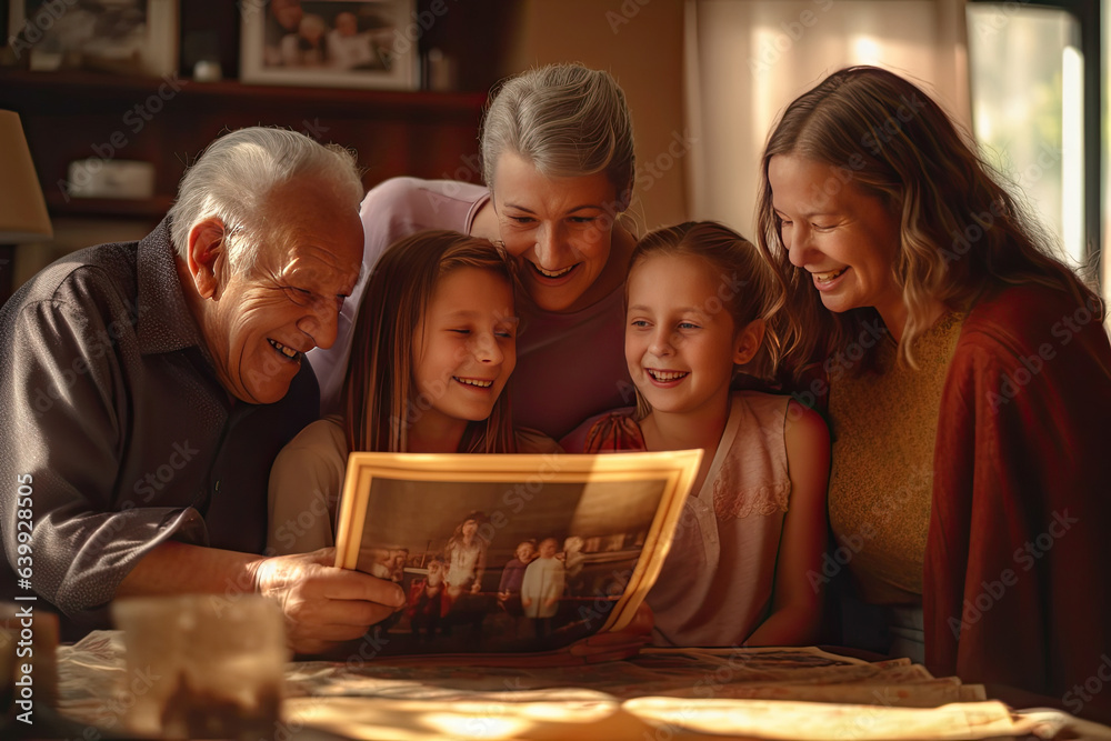 Grandparents, happy big family with their granddaughters and parents ...