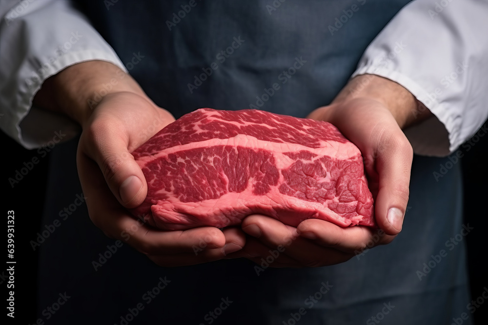 Butcher hands holding a big red and fat raw wagyu beef steak Stock ...