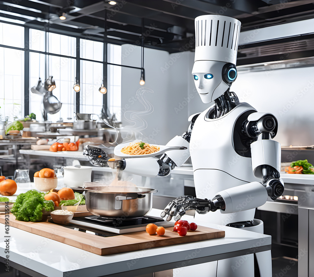 ai robot is cooking in a restaurant kitchen. Machine AI chef Robots ...