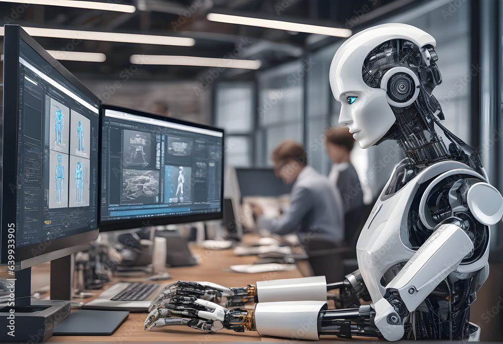 machine AI bot working with people in the office and production for ...
