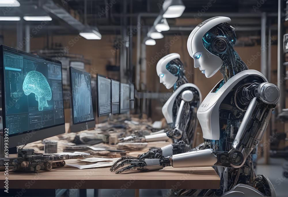 machine AI bot working with people in the office and production for ...