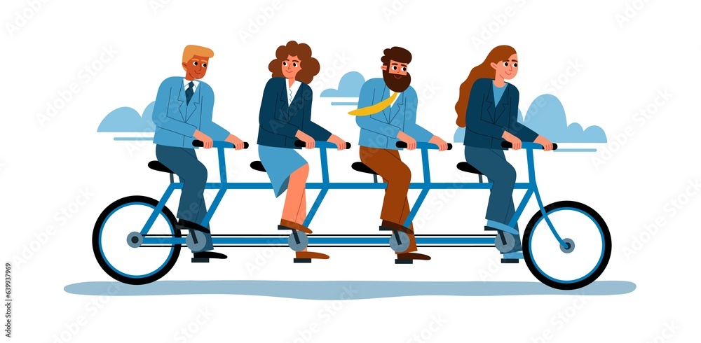 Cartoon business people drive tandem bike. Office employees friendly ...