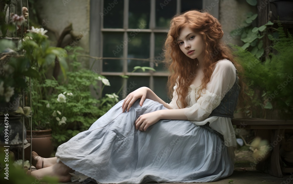young beautiful woman in white vintage dress sitting in deep thoughts ...