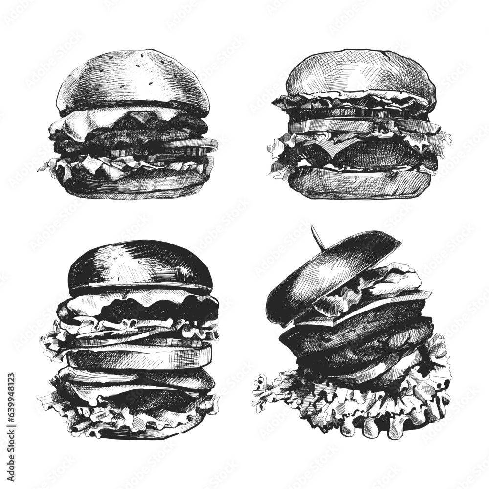Burgers. Hand drawn Fast food. Vector sketch icons of hamburgers and ...