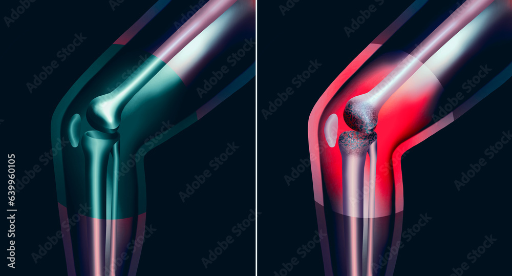 Arthrosis medical illustration diagram with damaged knee structure and ...