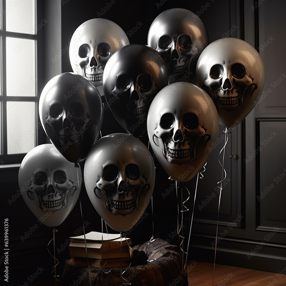 Balloons in the shape of human skulls, scary background for halloween ...