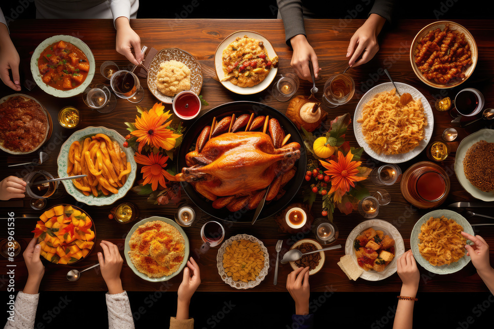 Family at Thanksgiving table. Flat-lay of Friendsgiving table with ...