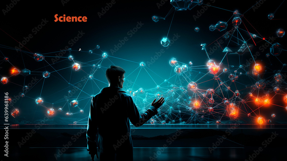 Scientific background with a scientist modeling molecular compounds ...