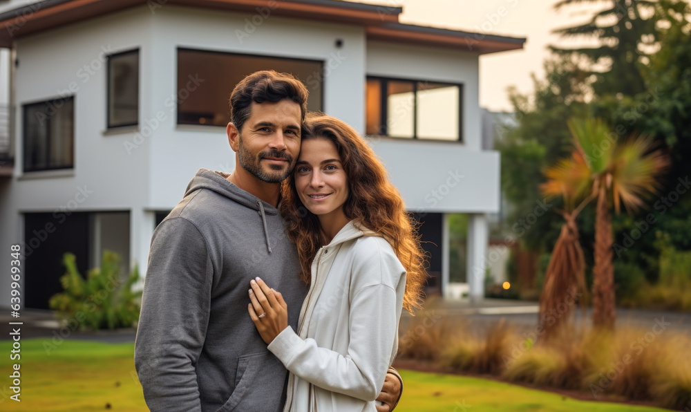 Couple Standing in Front of New Home, a Symbol of Their Future Stock ...