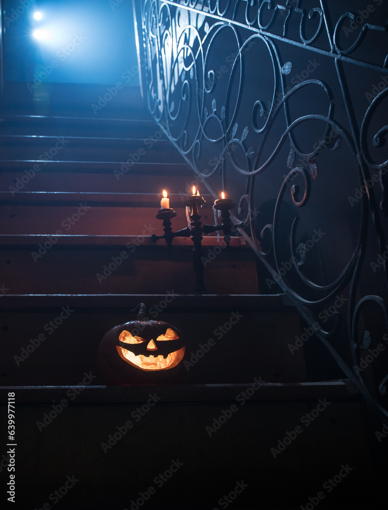 Inside of old creepy abandoned mansion. Silhouette of horror ghost ...