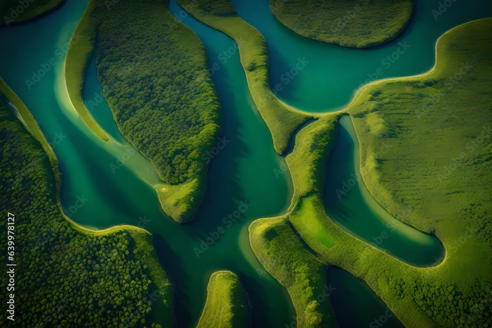 The picture is of a river that splits into smaller sections. It has ...