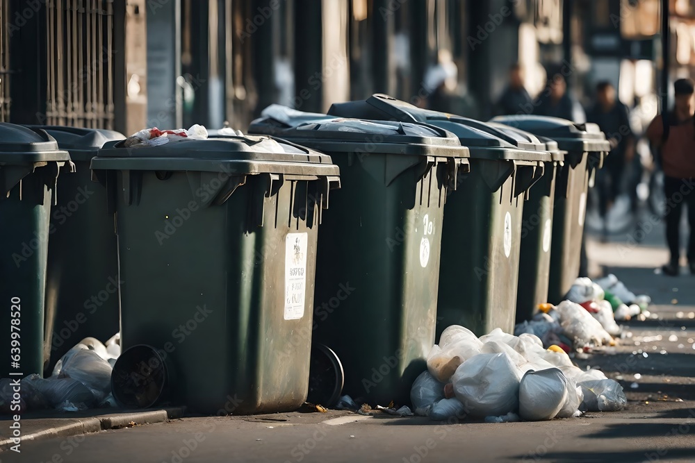 Overflowing trash bins on a city street. A picture that zooms in on the ...