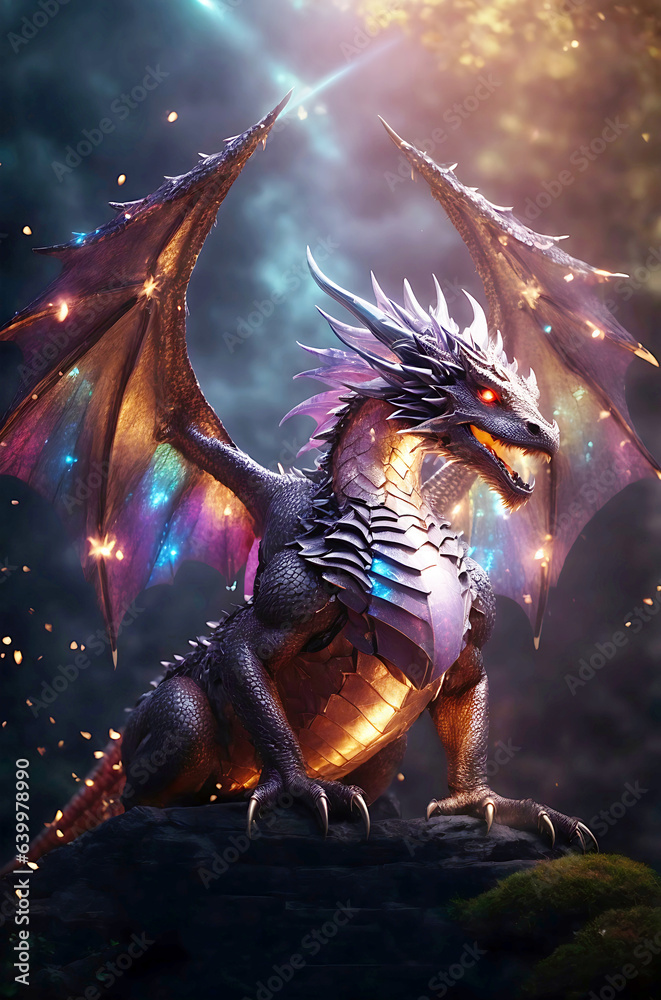 An iridescent-winged dragon mythological being Illustration of a dark ...