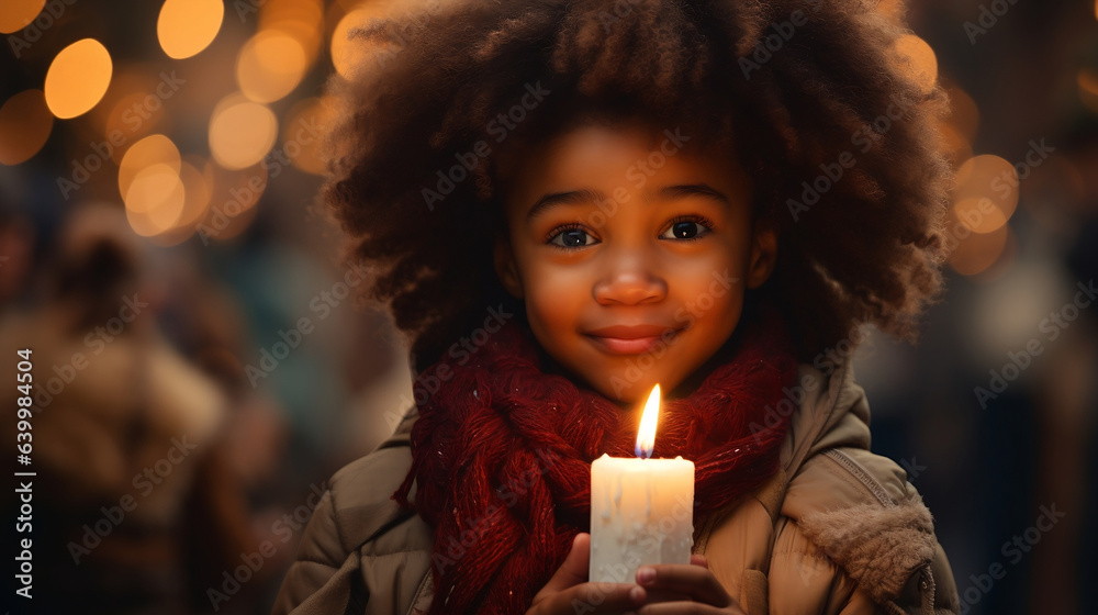 A black girl toddler child with an afro and red scarf at a Christmas ...