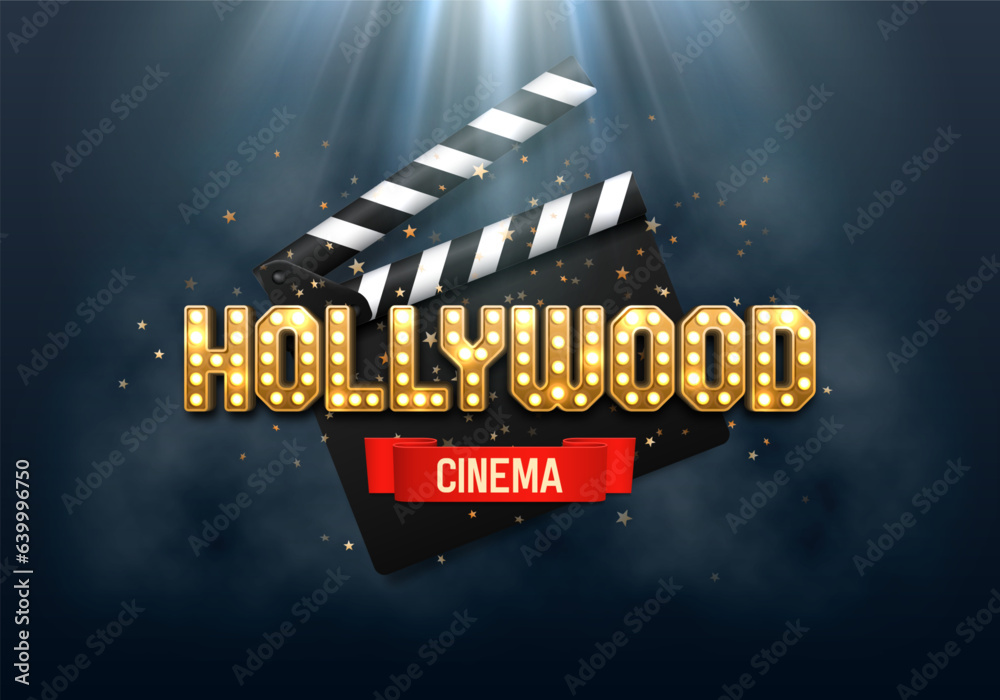 Bright Hollywood sign with a clapperboard. Movie banner or poster in ...
