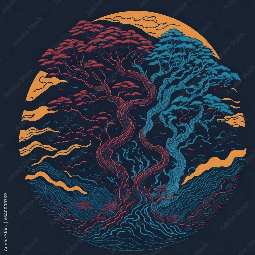 A vibrant illustration of two cannabis trees intertwined in a colorful ...