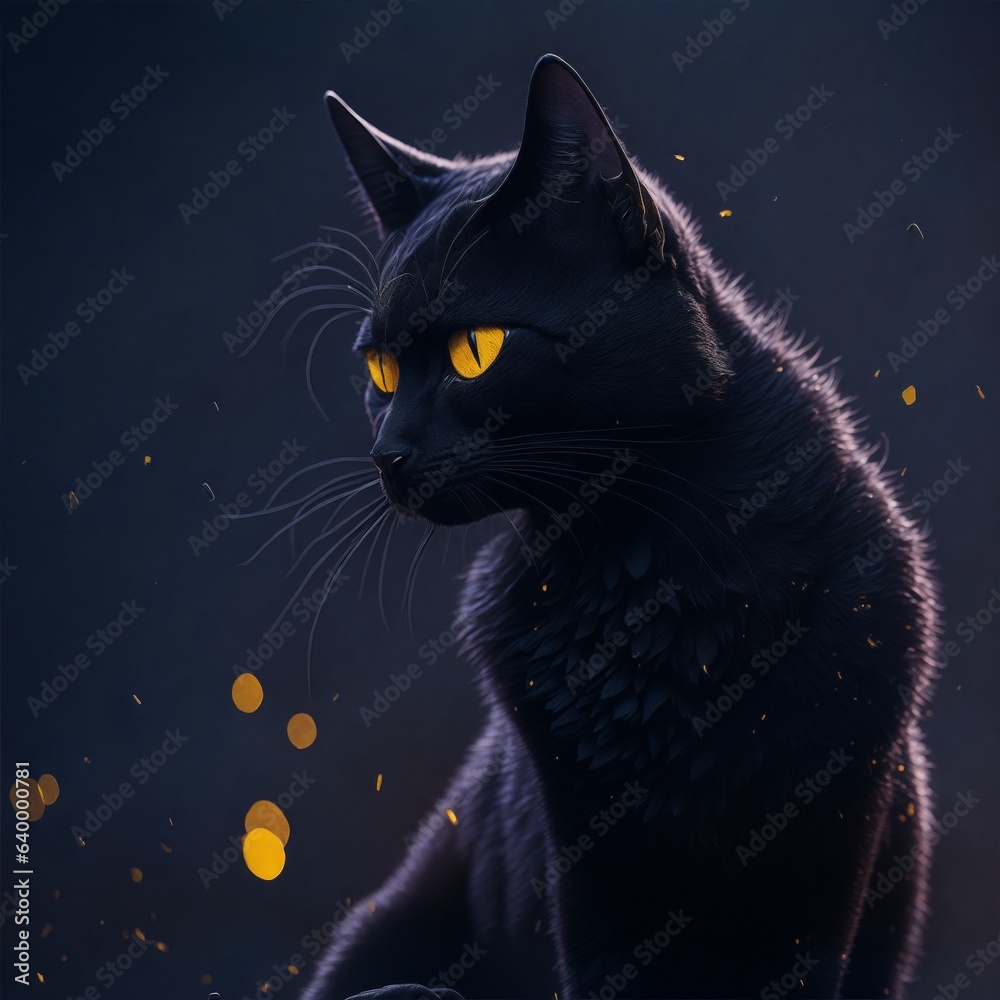 A whimsical black cat perched atop a bokeh-filled background ...