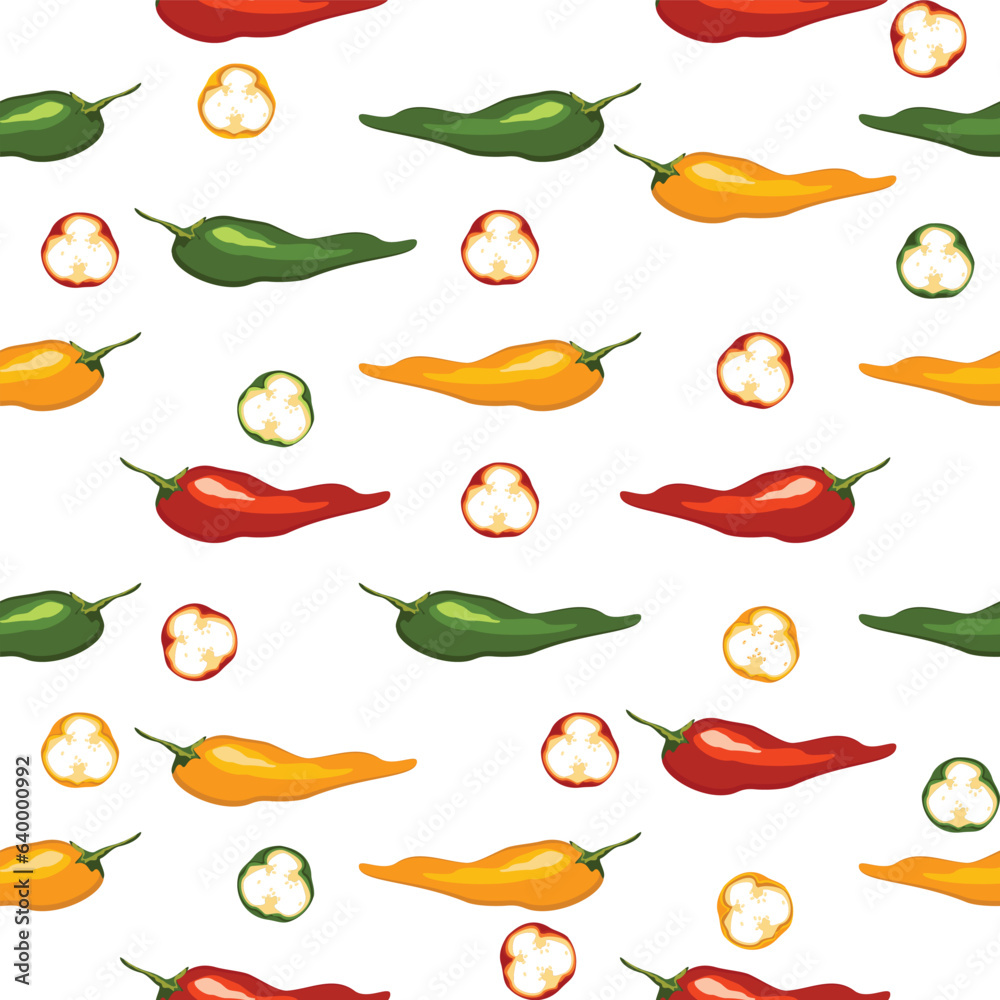 Seamless pattern of tricolor peppers, slit style, red, green, yellow ...