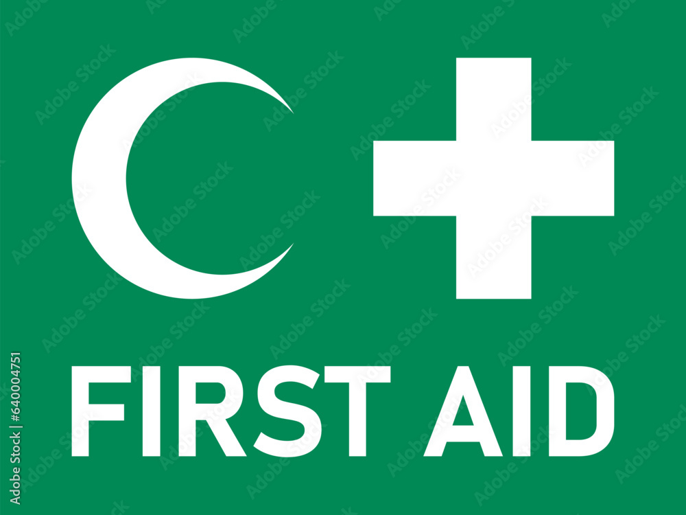 Red First Aid Kit Sign including Crescent or Half Moon and Cross Icon ...