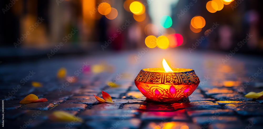 Happy Diwali - Lit diya lamp at night. Happy Diwali festival with oil ...