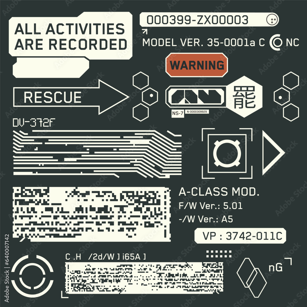 Cyberpunk decals set. Set of vector stickers and labels in futuristic ...