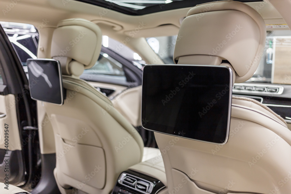 Beige white interior of a luxury Mercedes-Benz Maybach W223 S-class car ...