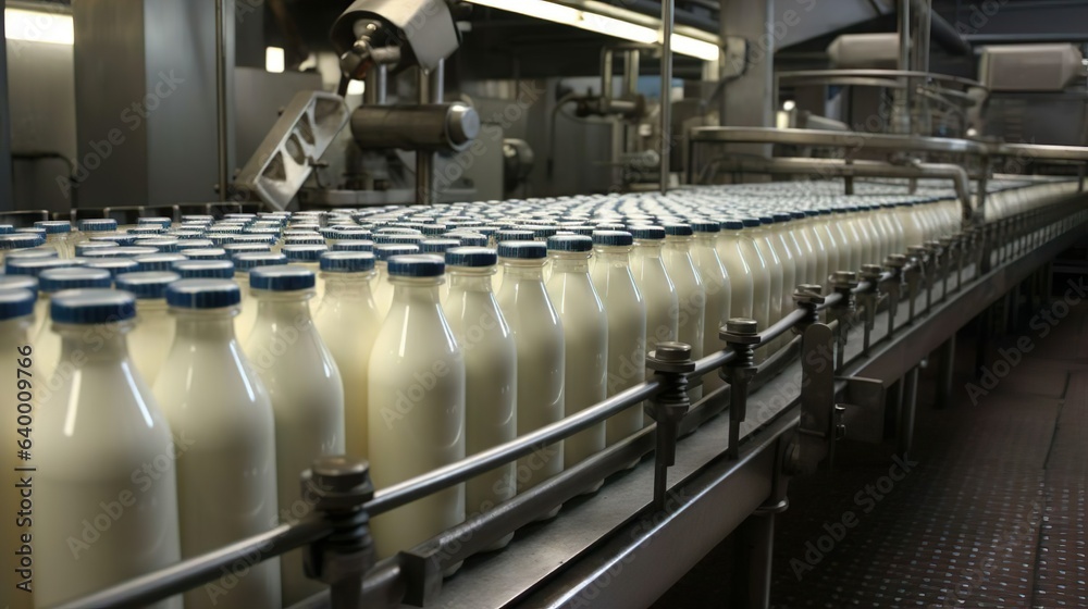 Plastic bottles filled with pasteurized milk on a factory conveyor ...