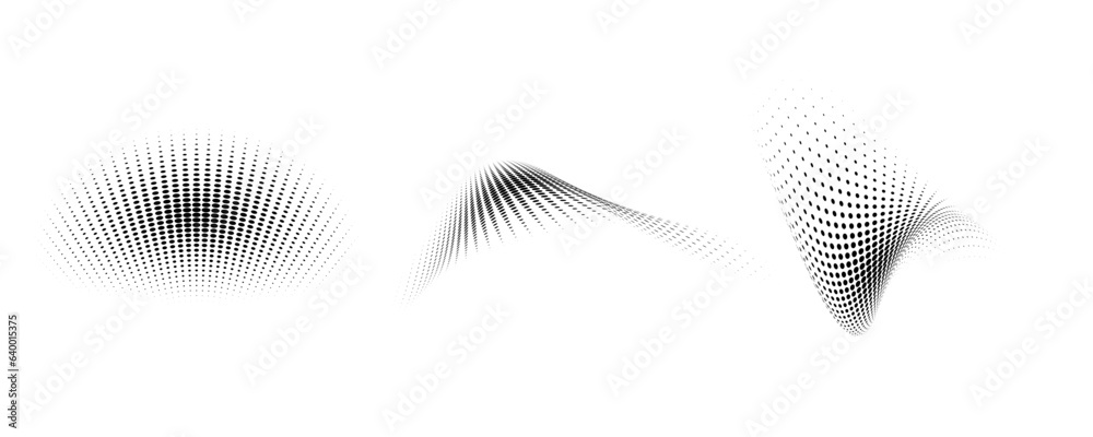 Set of halftone dots curved gradient pattern texture isolated on white background. Curve dotted ...