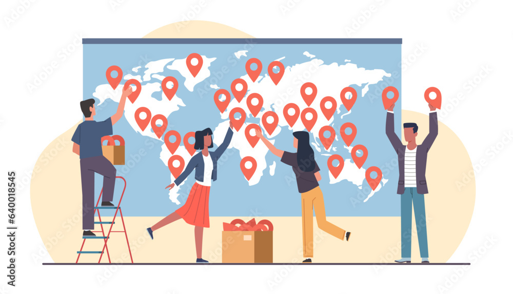 Concept of global business development, people tag open branches of ...