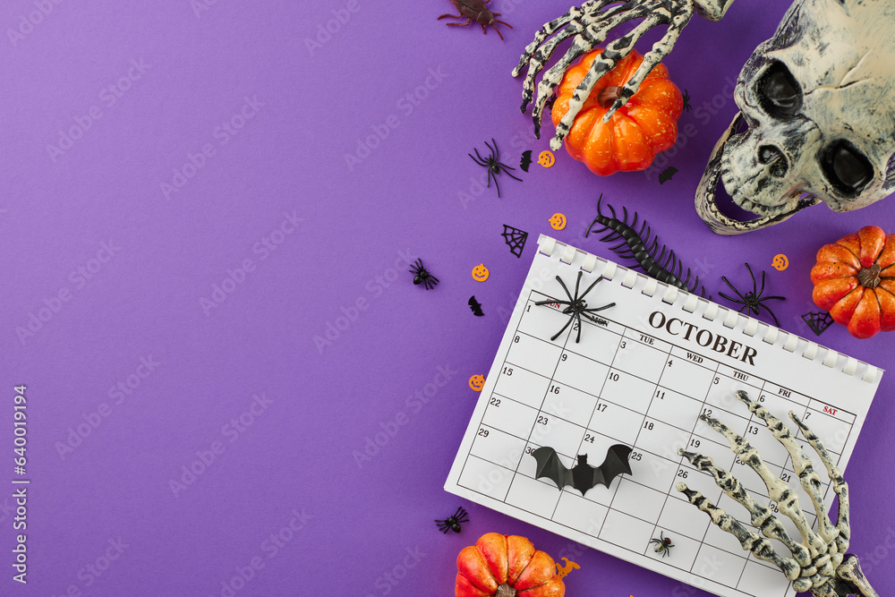 It's time to get Halloween-ready. Top view photo of calendar, halloween ...