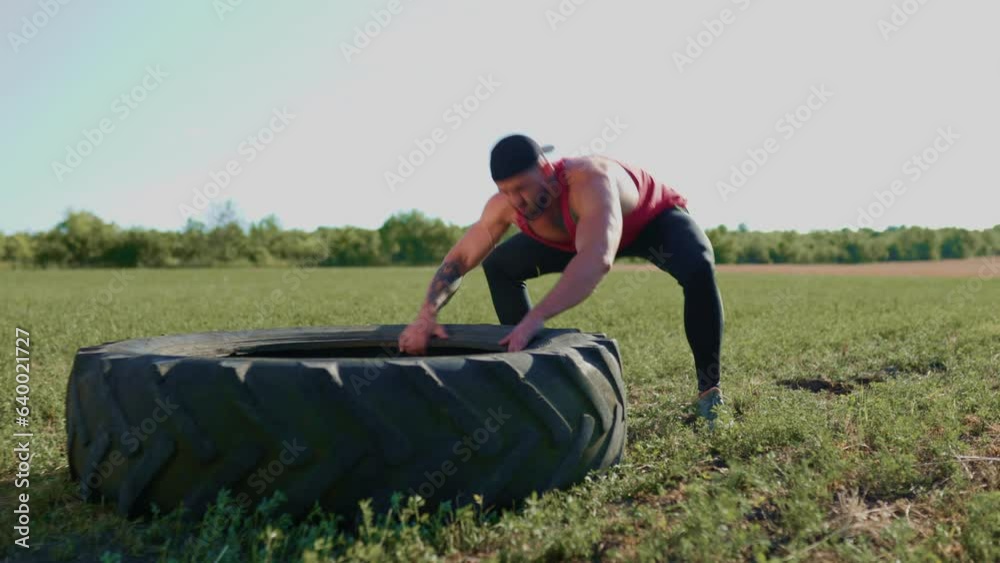 a muscular man participates in Cross Fit wheel pull training outdoors ...