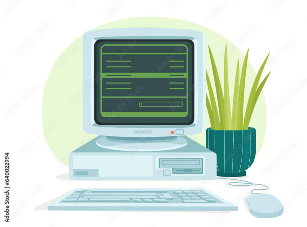 Old computer concept. Retro device and gadget with flower pot. Big ...
