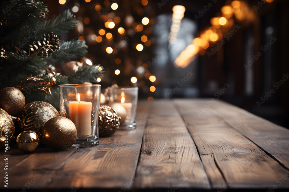 Christmas wooden table mockup with christmas-tree, balls, candles and ...