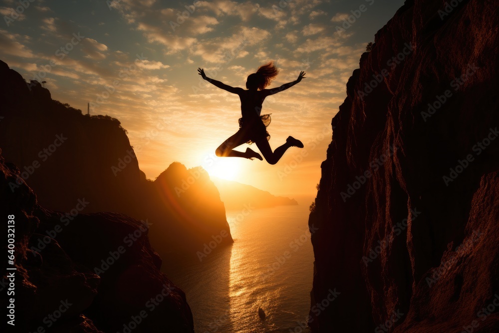 an athletic woman is jumping between two nearby cliffs experiencing joy ...