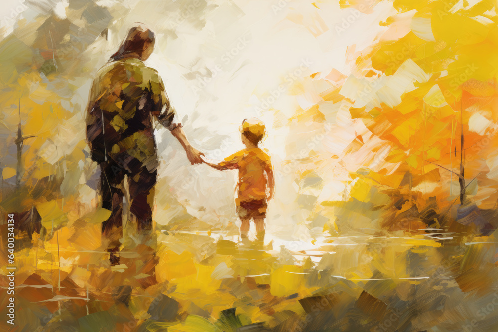 Touching painting of man holding child's hand. This heartwarming image ...