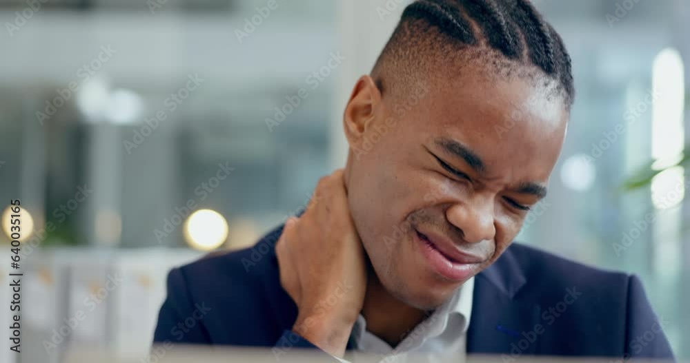 Business man, neck pain and stress in office with depression, muscle ...