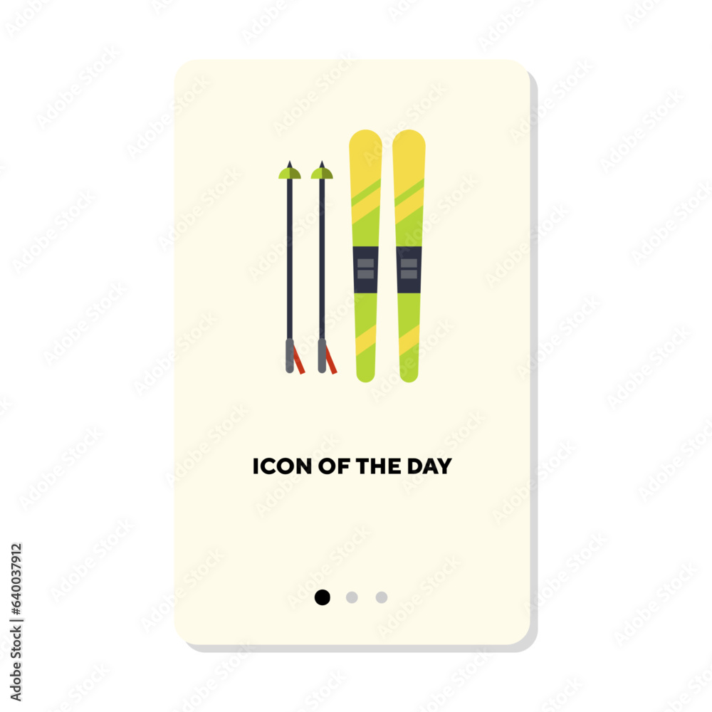 Pair of skis and ski poles or sticks flat icon. Vertical sign or vector ...