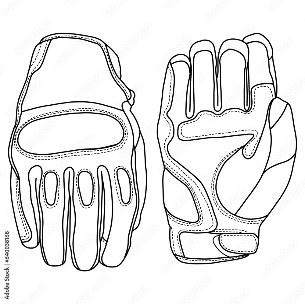 Technical sketch drawing of pair Motorcycle gloves line art, flat ...