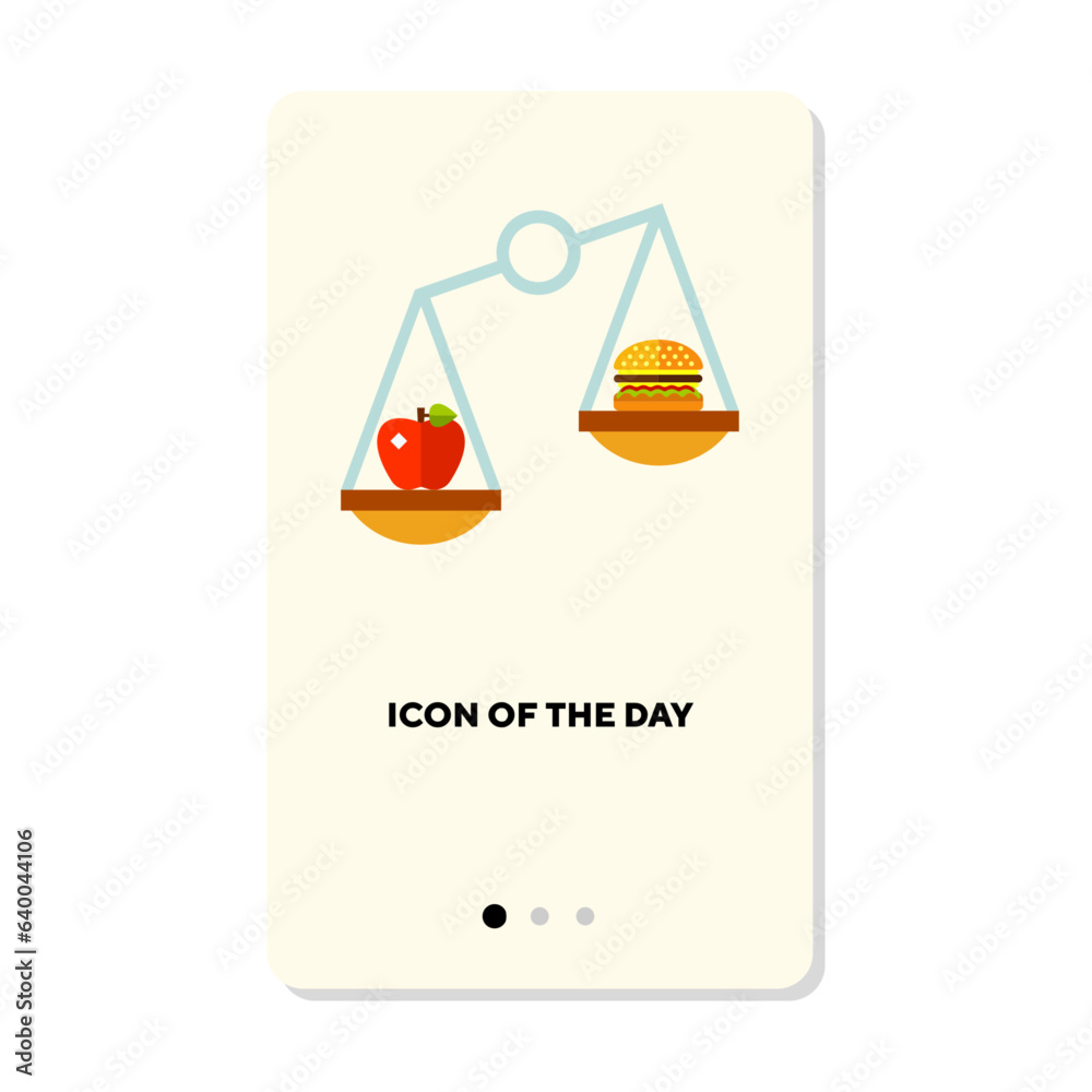 Scales weighing red apple and diner burger flat vector icon. Cartoon ...