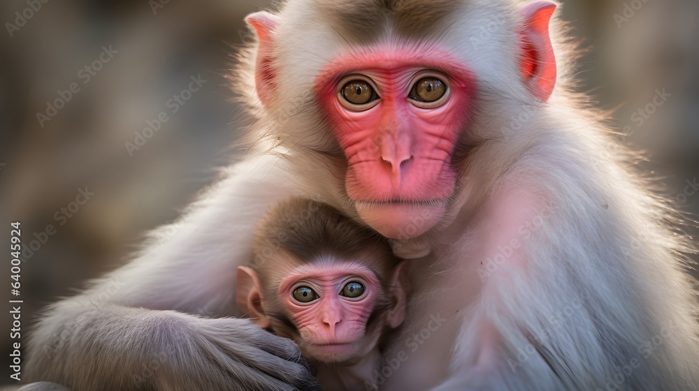 Japanese Snow monkey family, monkey relaxing in hot mineral waters ...