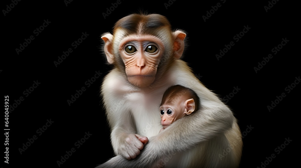 monkey family, monkey carrying her son on her back, mountain background ...