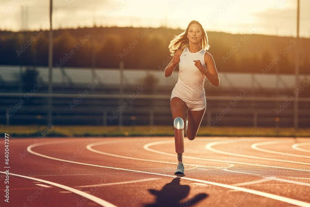 A sportswoman with a prosthetic leg trains on the running track ...